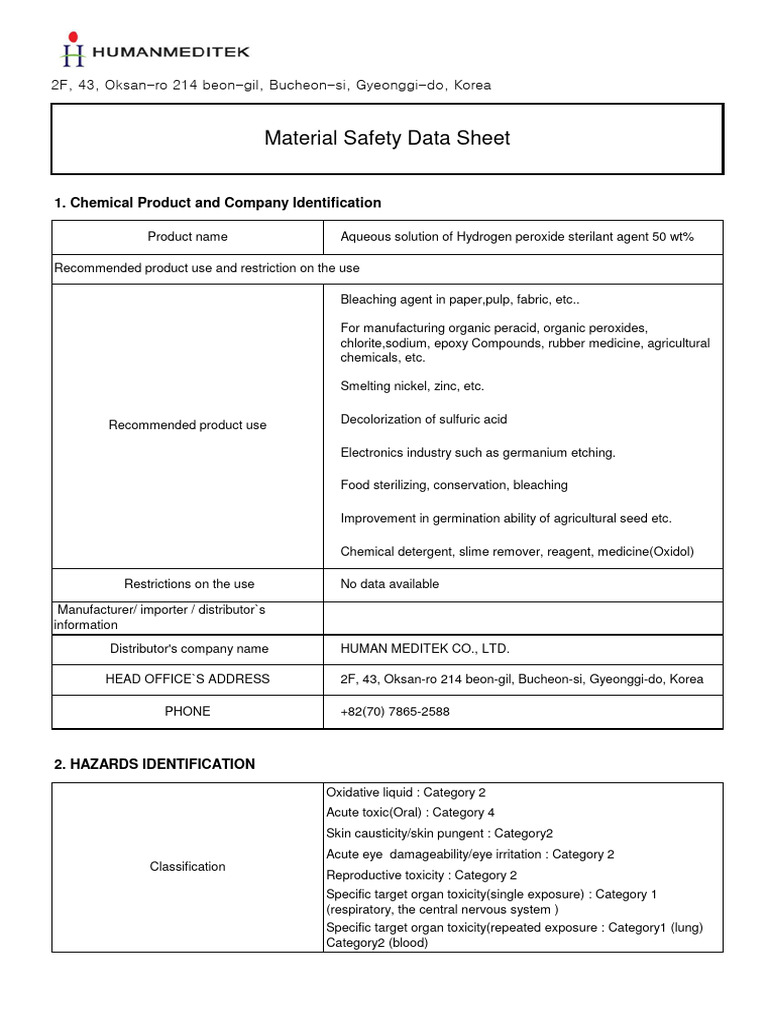 Msds H2o2 Rev 9 en 50% | Download Free PDF | Dangerous Goods | Firefighting