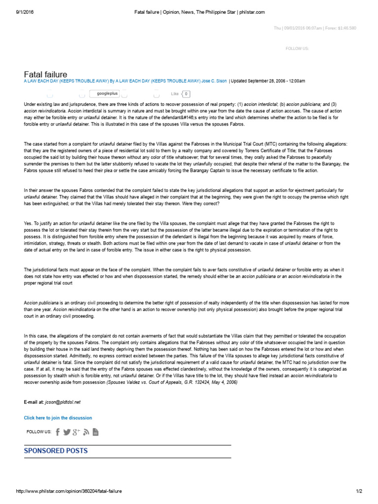 Unlawful Detainer Vs Forcible Entry | PDF | Eviction | Complaint