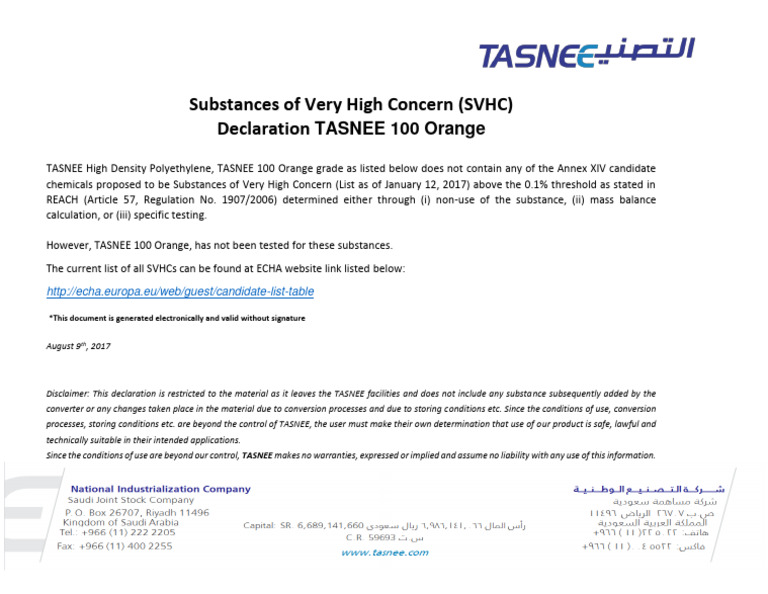 TASNEE 100 Orange SVH - Declaration | PDF