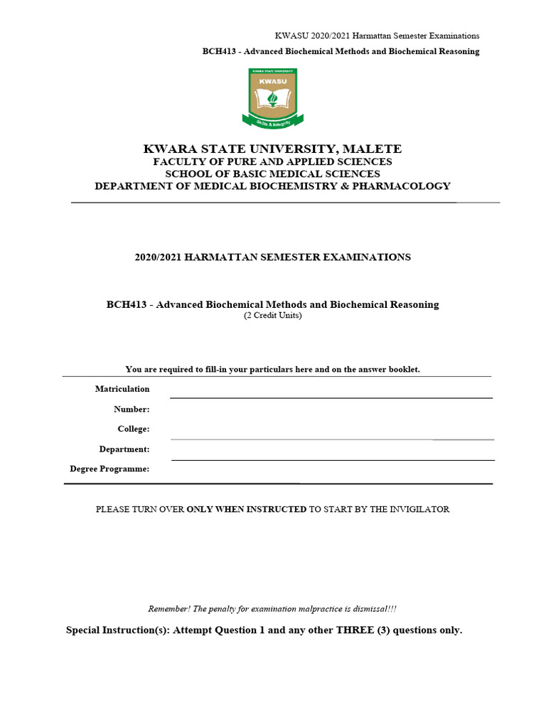 Bch413 Revised Exam Question MG | PDF | Chromatography | Thin Layer Chromatography