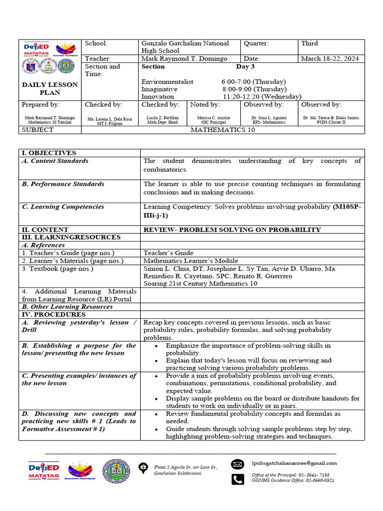 G10-MATHEMATICS-DLL-Q3-W8-March 20 | PDF | Learning | Cognition