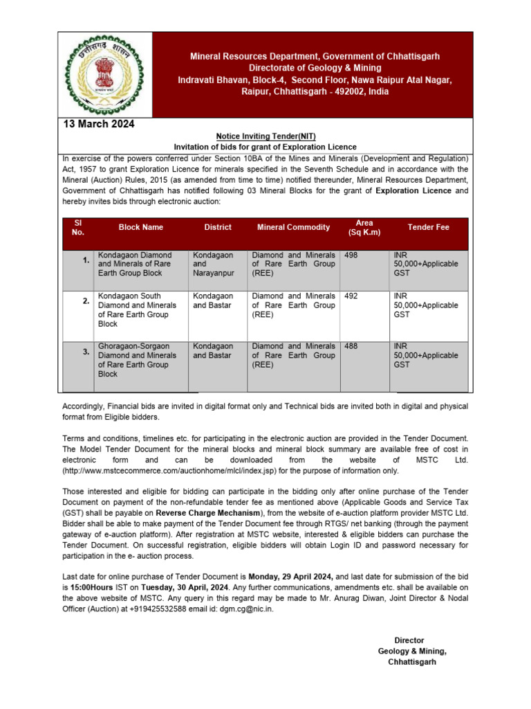 NIT - Invitation of Bids For Grant of EL | PDF | Auction | Payments