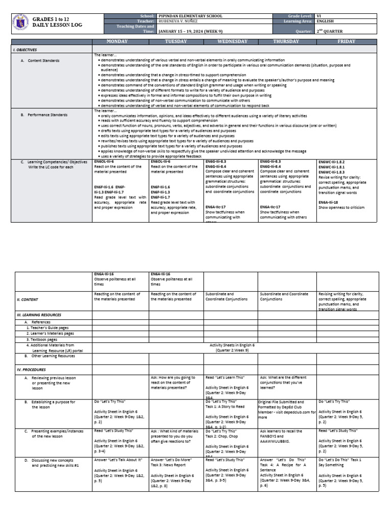 DLL - English 6 - Q2 - W9 | PDF | English Language | Learning DLL - English 6 - Q2 - W9 | PDF | English Language | Learning