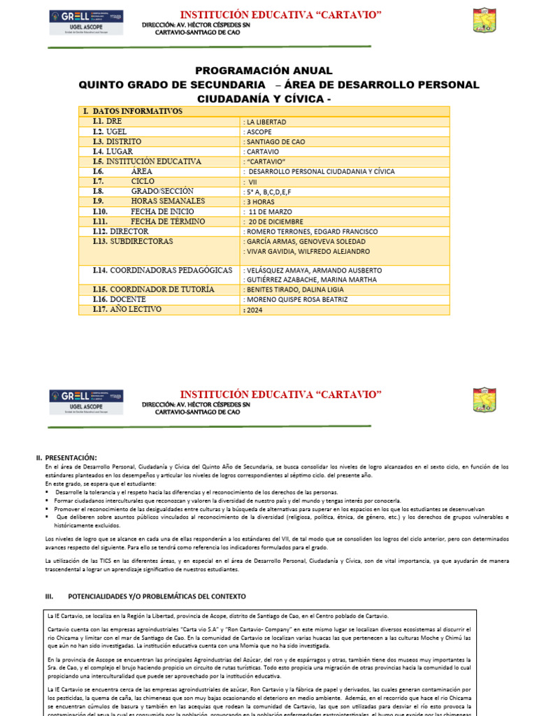 Progamacion Curricular Anual.2025. 5to Grado - DPCC | PDF | Aprendizaje | Democracia