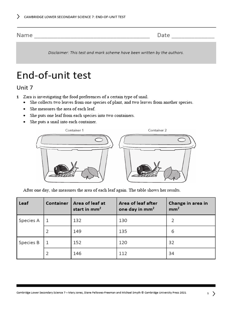 S7 - End-Of-Unit - Test - 7 2 | PDF | Experiment | Organisms