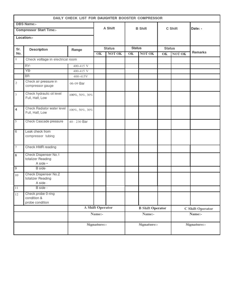 Daily Checklist for Daughter Booster Compressor | PDF