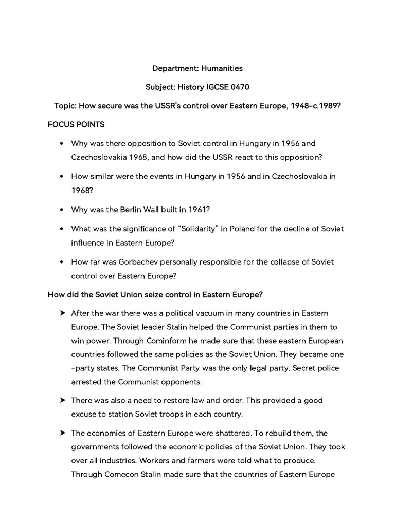 How Secure Was The USSR's Control Over Eastern Europe, 1948-c.1989 | PDF | Eastern Bloc | Soviet ...