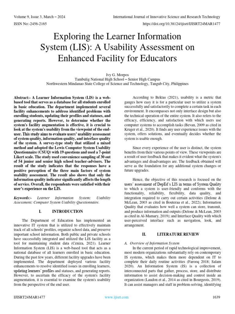 Exploring The Learner Information System Lis A Usability Assessment