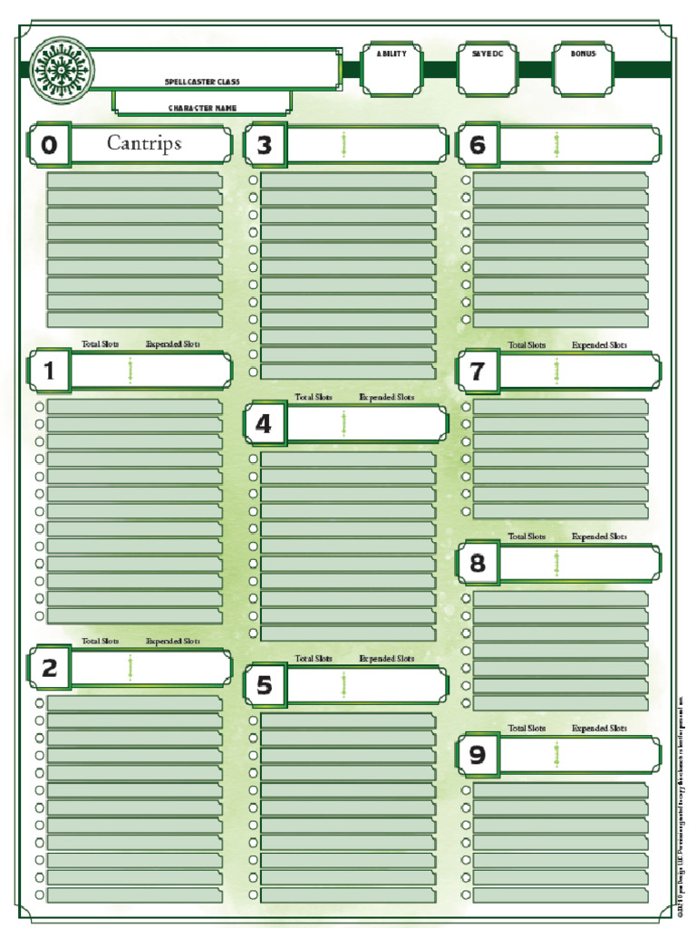 Spell Sheet Dungeons and Dragons 5th Edition | PDF