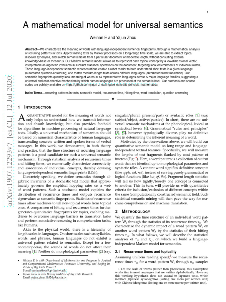 A Mathematical Model For Universal Semantics: Weinan E and Yajun Zhou | Download Free PDF ...