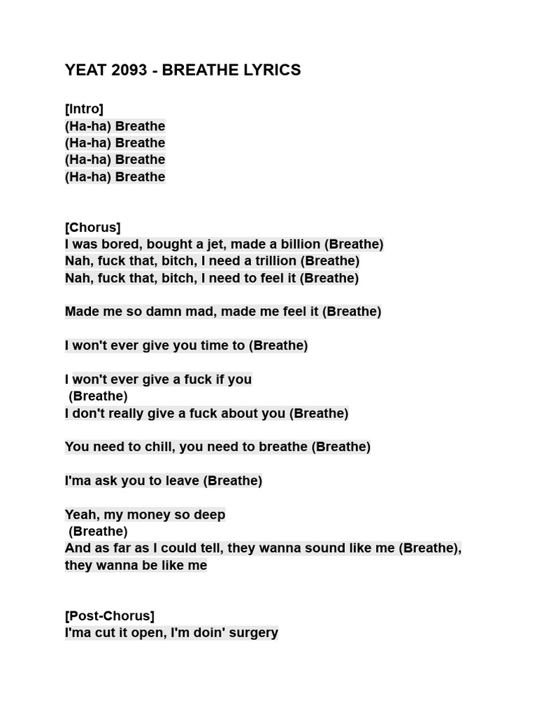 Yeat Breathe Lyrics | Download Free PDF | Songs | Recorded Music