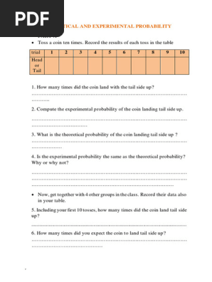 Theoretical And Experimental Probability Worksheet Probability Models