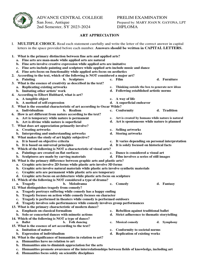 Art Appreciation - Prelim Exam | PDF | Oil Painting | Visual Arts