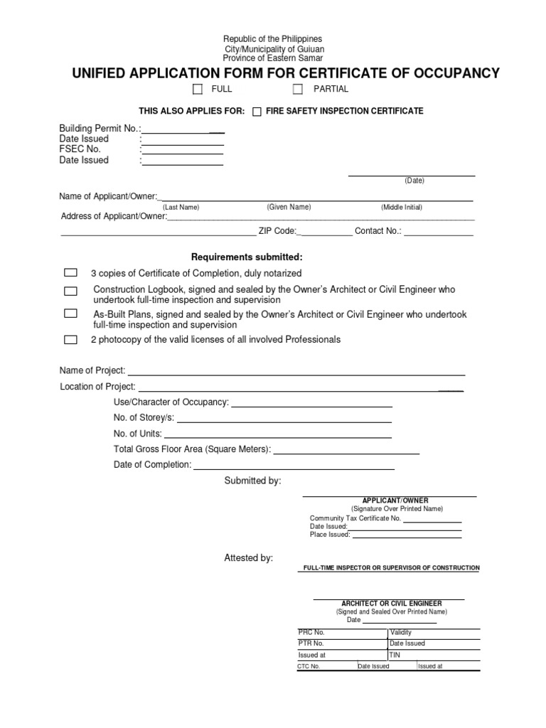 Unified Application for Occupancy Certificate | PDF