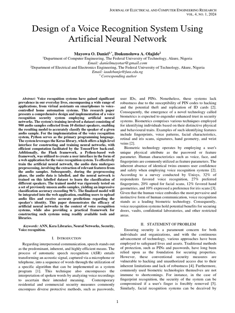 Design Of A Voice Recognition System Using Artificial Intelligence Pdf Artificial Neural