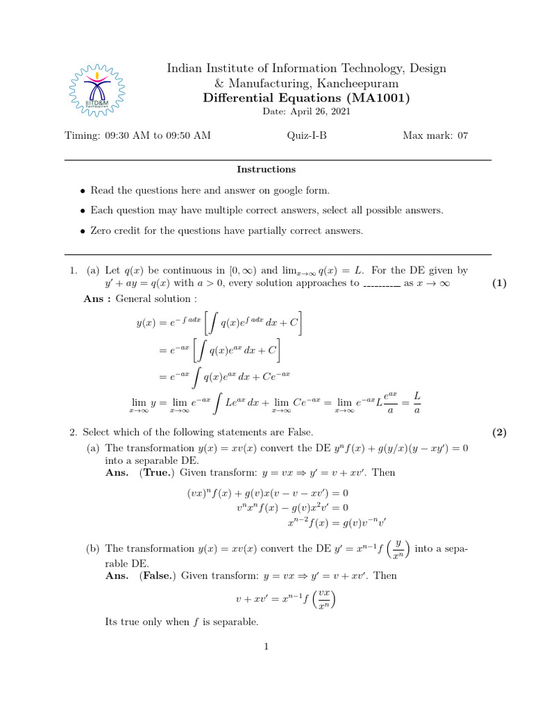Quiz I B Ma100 Soln Pdf Equations Mathematical Physics