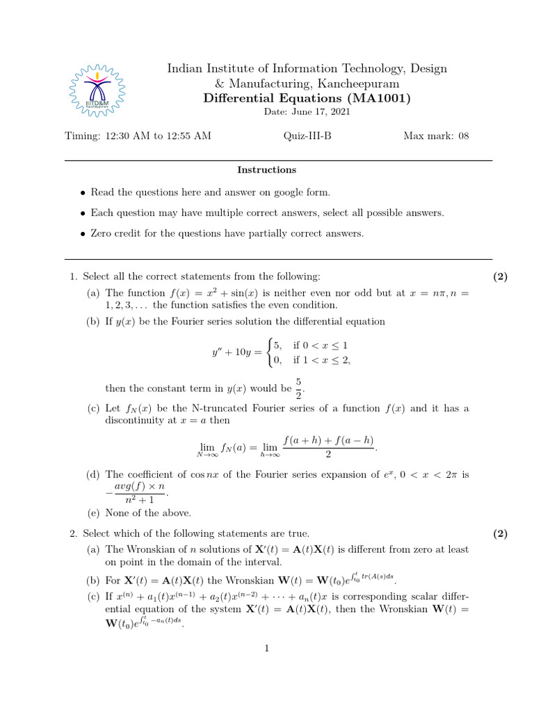 Quiz III B MA1001 | PDF | Equations | Mathematical Objects
