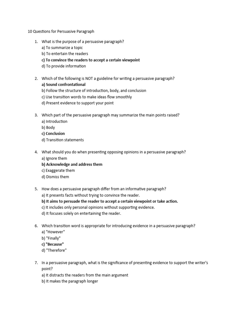 10 Questions For Persuasive Paragraph | PDF | Argument | Evidence