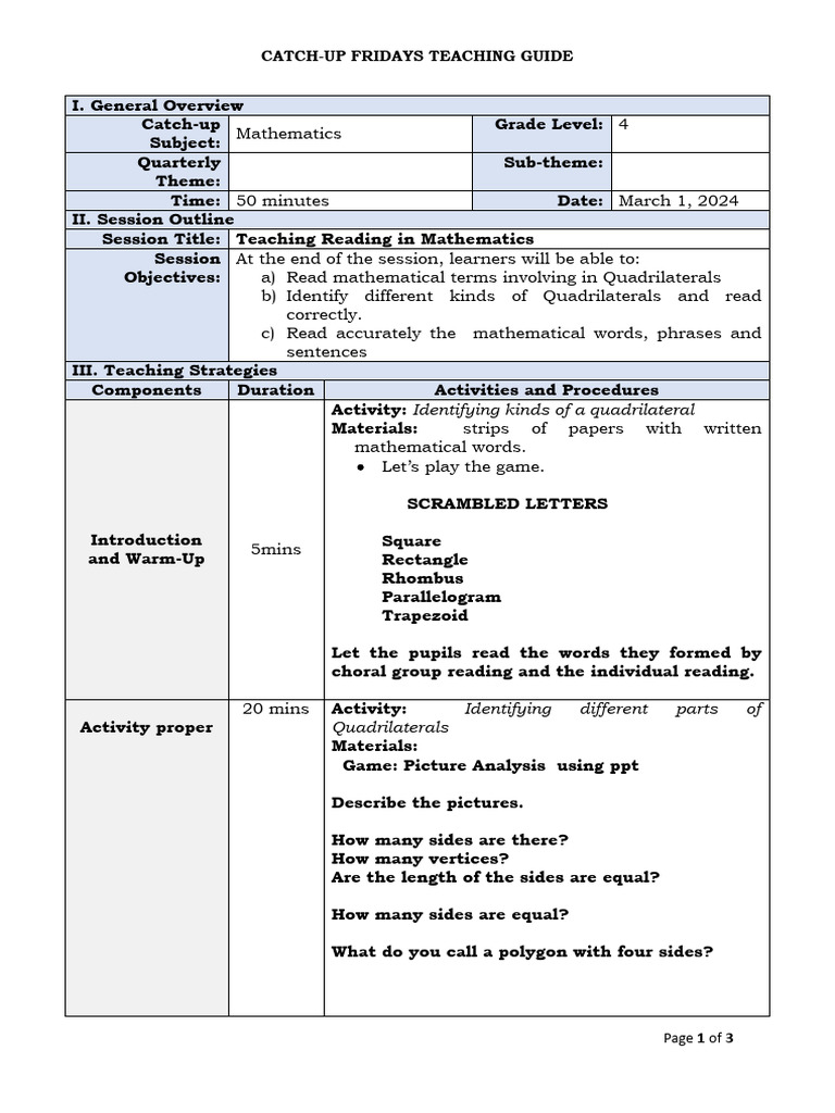 Grade 4 Math: Quadrilaterals Lesson | PDF
