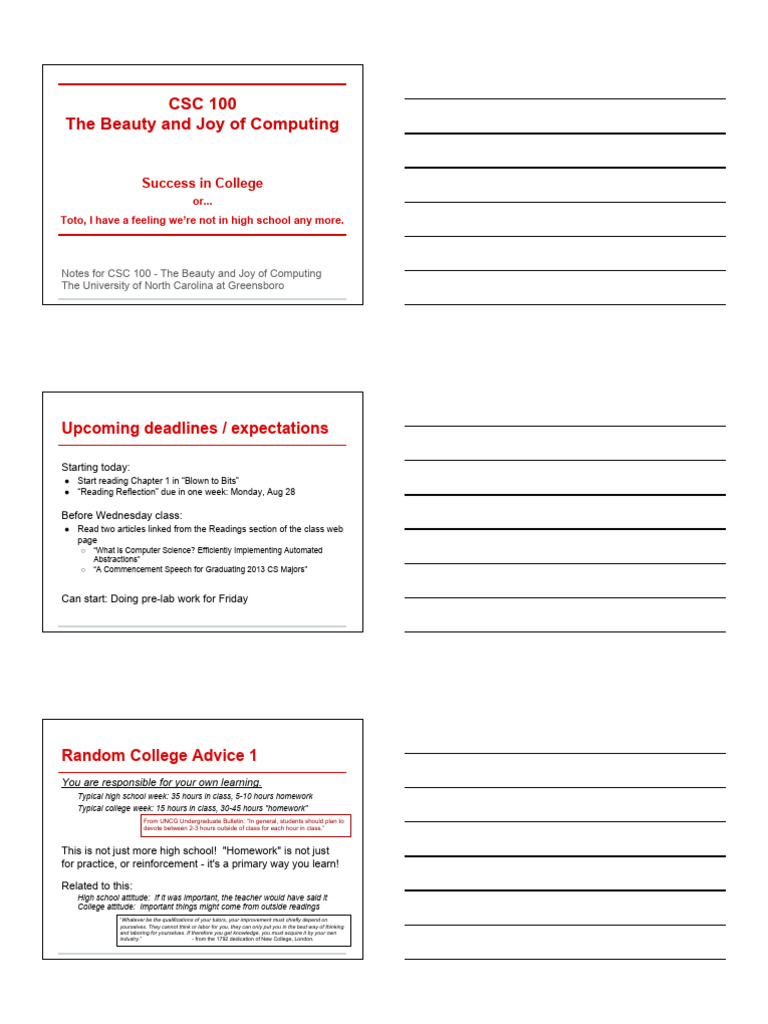 UNCG CSC100 F17 LECT2 SuccessInCollege 3up | PDF | Cognition | Learning