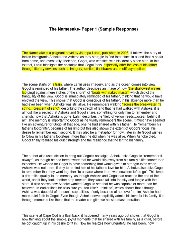 The Namesake - Paper 1 (Sample Response) | PDF