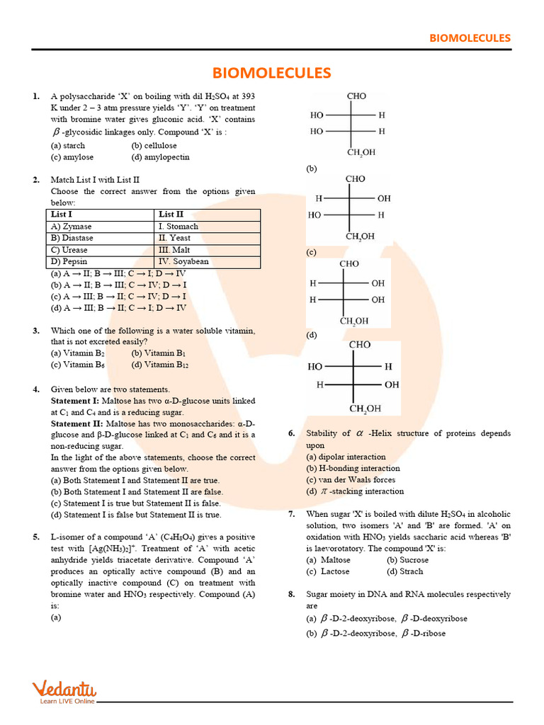 JEE Main Biomolecules Practice Paper With Solutions Download PDF | PDF ...