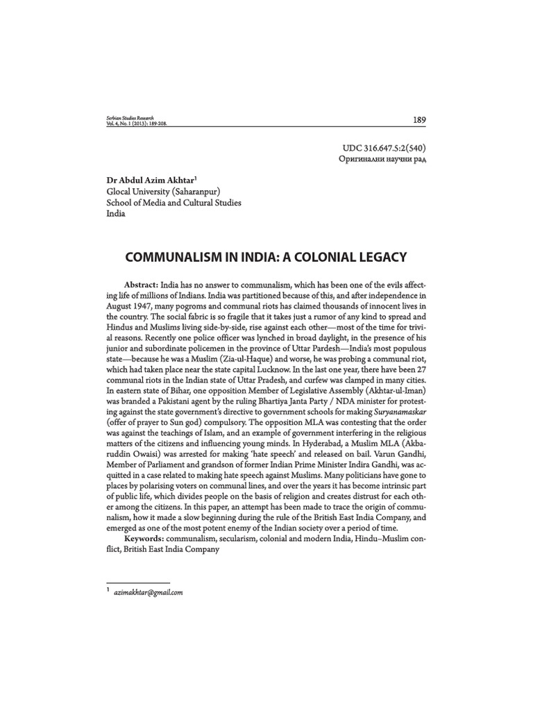 Communalism in India A Colonial Legacy S | PDF | Urdu | Two Nation Theory