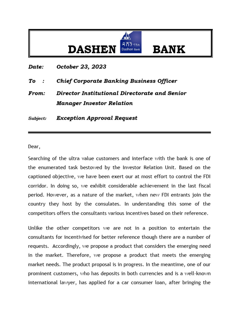Exception Approval for Car Loan Request | PDF | Banks | Loans