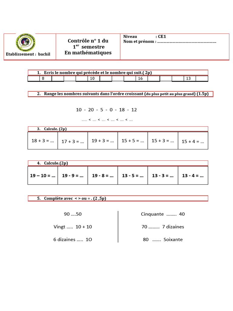 Contrôle de maths CE1 - 1er semestre | PDF
