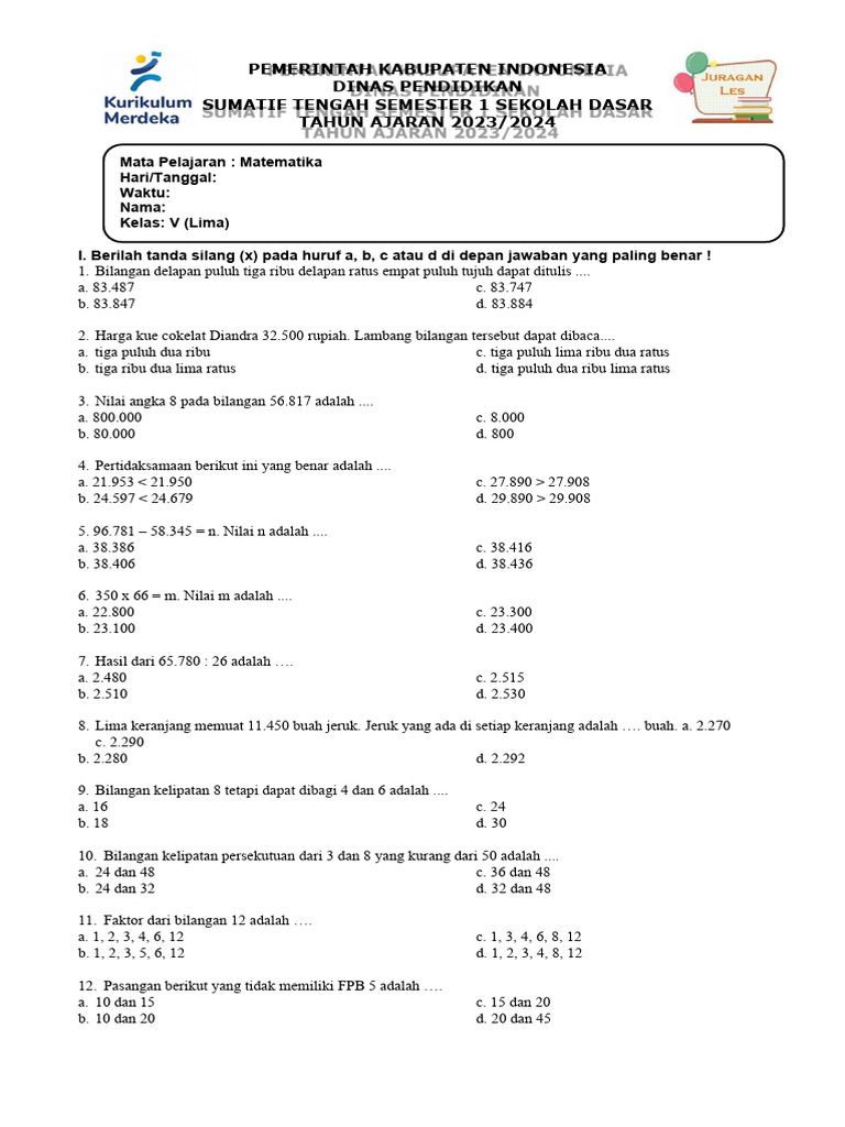 Soal PTS-STS Matematika Kelas 5 Semester 1 Kurikulum Merdeka T.A 2023-2024 | PDF