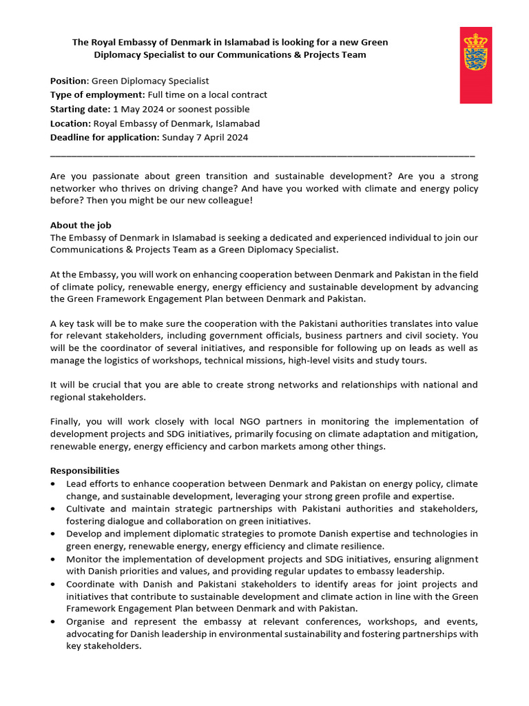 Green Diplomacy Specialist Position | PDF | Sustainability | Denmark