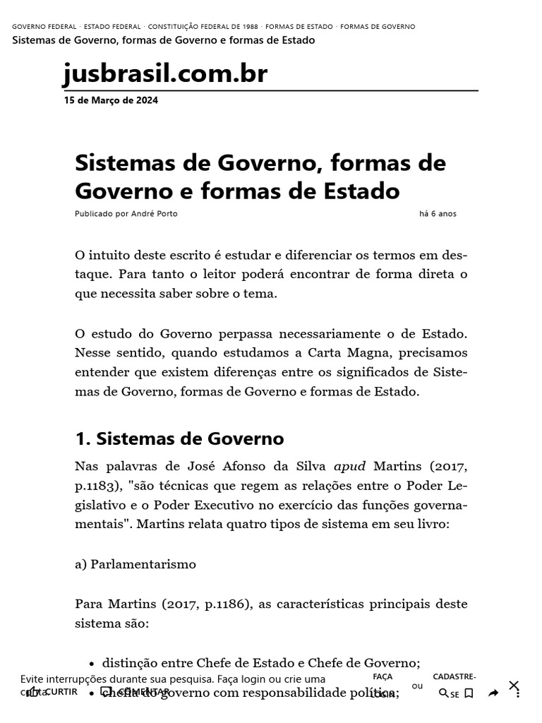 Sistemas e Formas de Governo Explicados | PDF | Federação | Estado