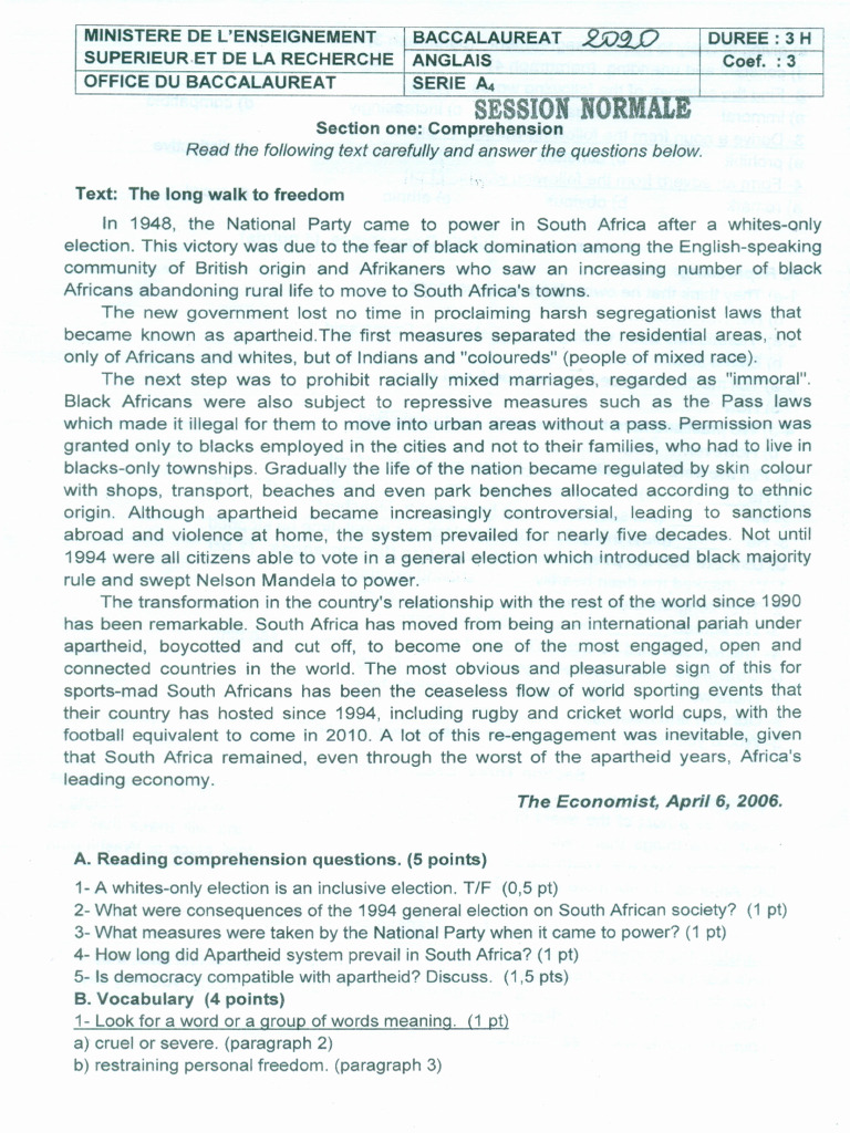 Anglais Bac 2 2020 Serie A4 | PDF | Apartheid | Politics And Race