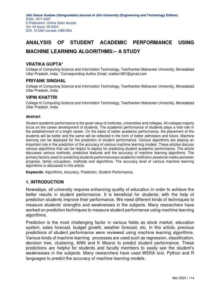 Analysis of Student Academic Performance Using Machine Learning Algorithms: - A Study | PDF ...