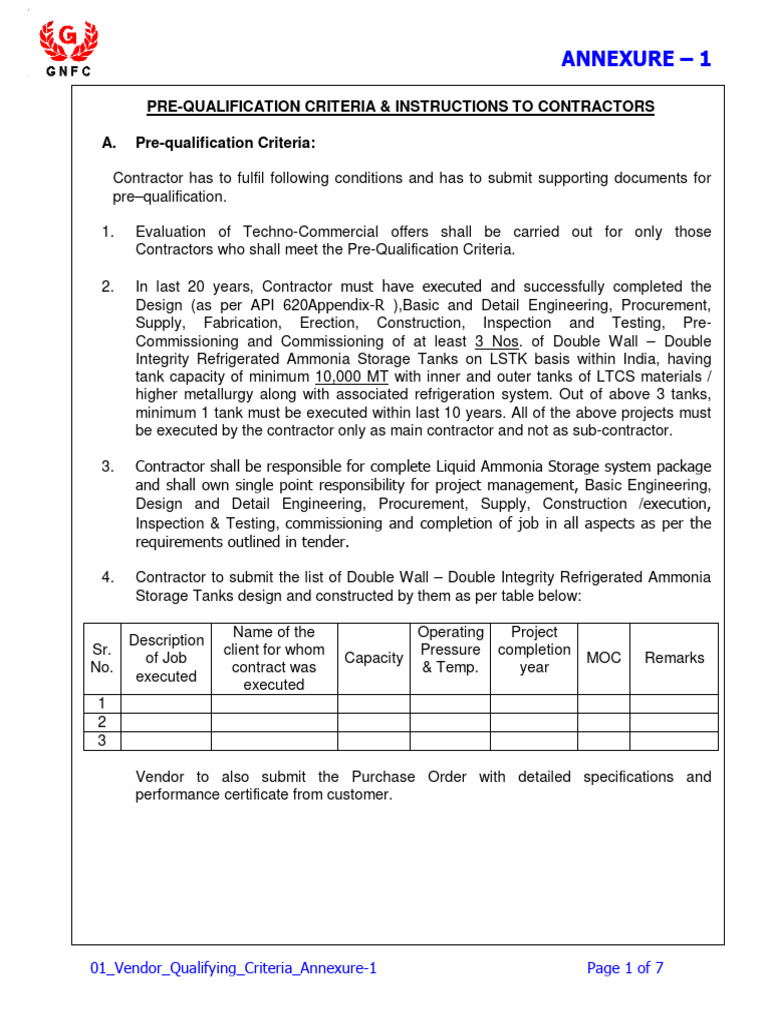 01 Vendor Qualifying Criteria & Instructions To Bidders Annexure-1 | PDF | Specification ...