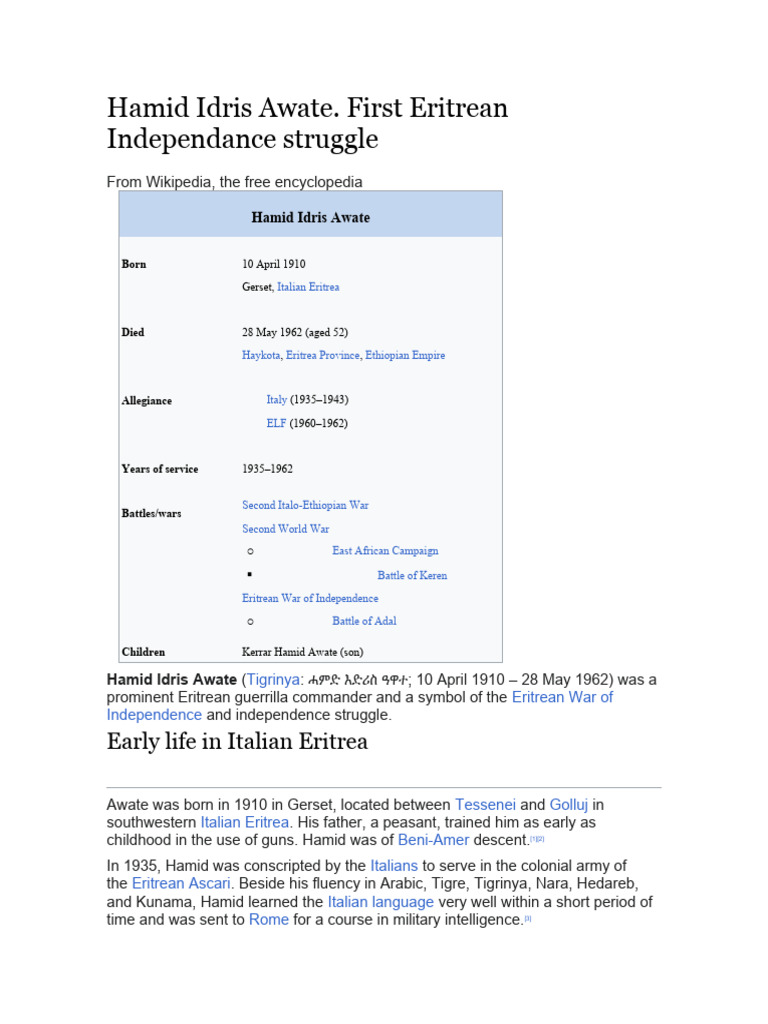 Hamid Idris Awate. First Eritrean Independance Struggle Leader | PDF ...