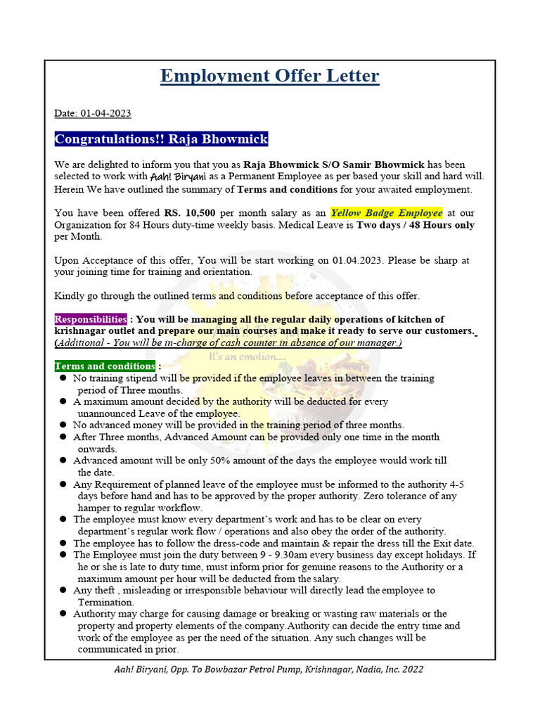 Permanent Offer Letter | PDF | Employment | Salary