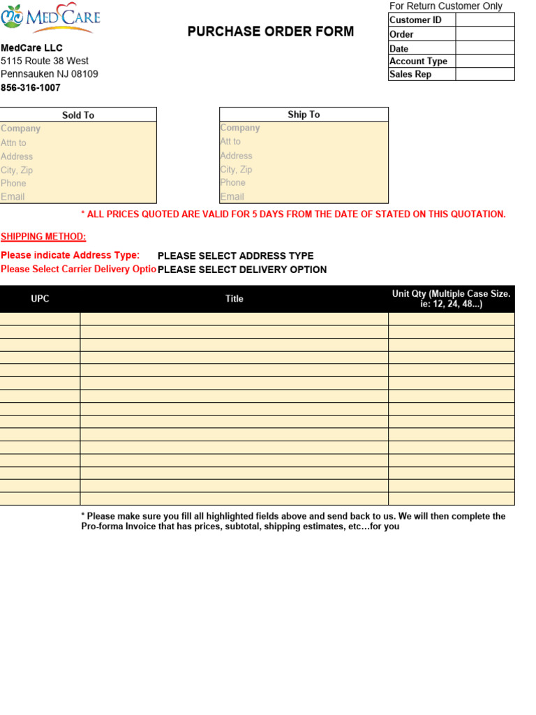Medcare Wholesale Purchase Order Form | PDF