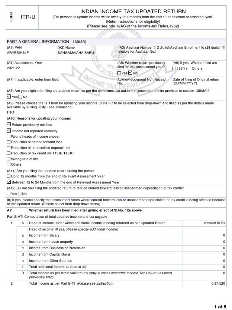 Indian Income Tax Updated Return Form | PDF | Money | Payments
