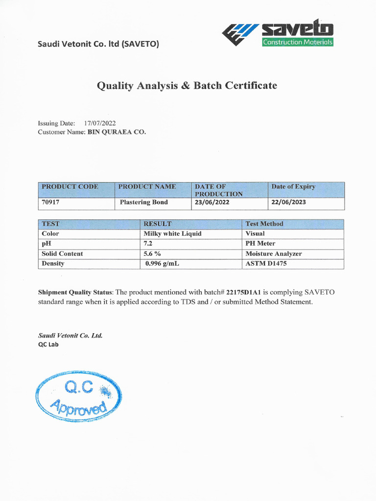 Plastering Bond Batch Certificate | PDF