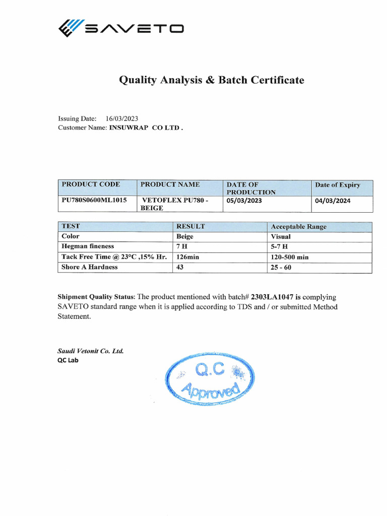 PU782 Batch Certificate .16.03.2023 | PDF