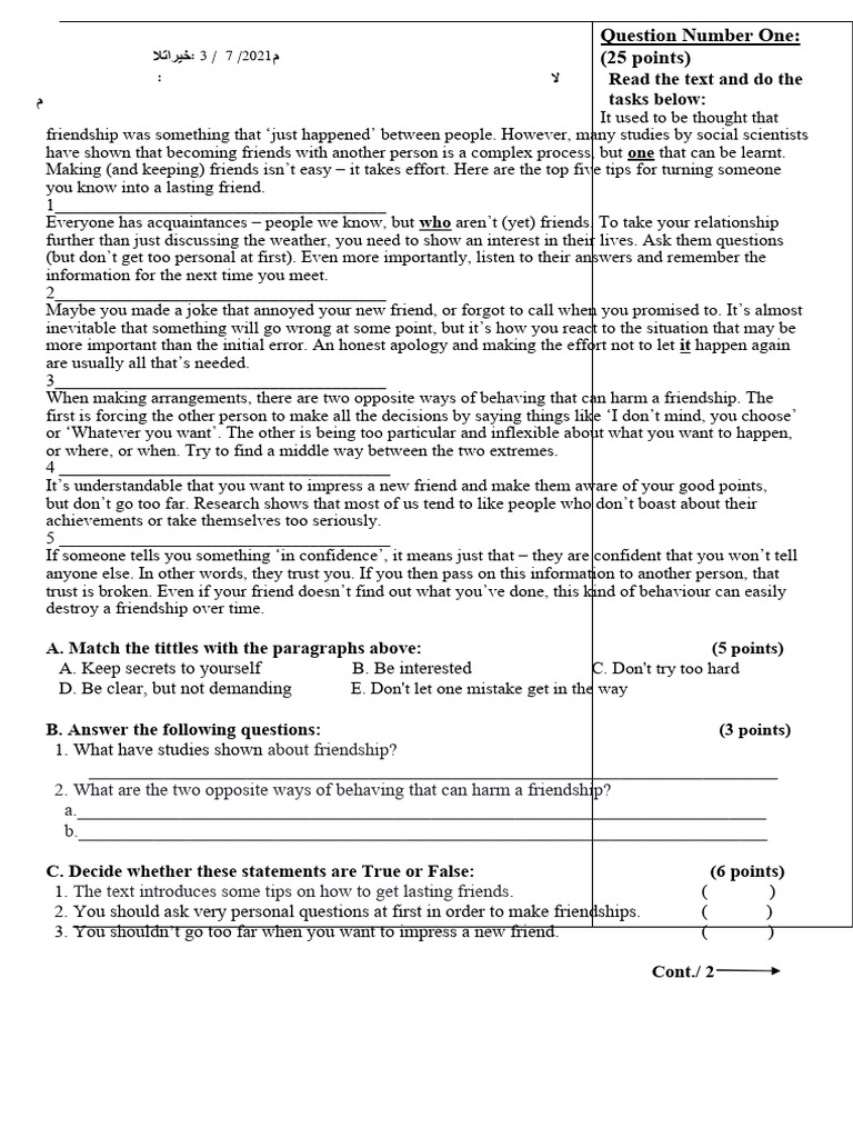 Read The Text and Do The Tasks Below:: Question Number One: (25 Points) | Download Free PDF ...