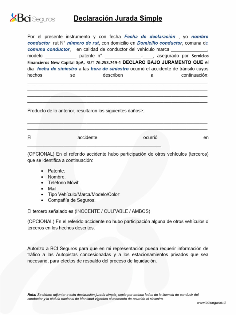 Formulario Declaracion - Jurada BCI - NewCapital | PDF | Seguro | Póliza de seguros