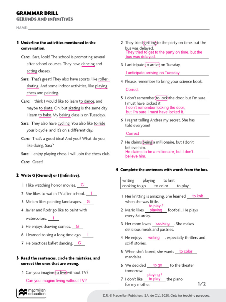 Grammar Drill 15 Gerunds and Infinitives Answer Key | PDF