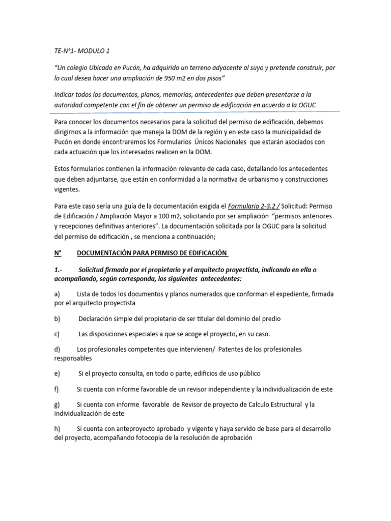 TE-N°1-M1 Taller N°1 Documentación Permiso de Edificación | PDF | Arquitecto | edificio
