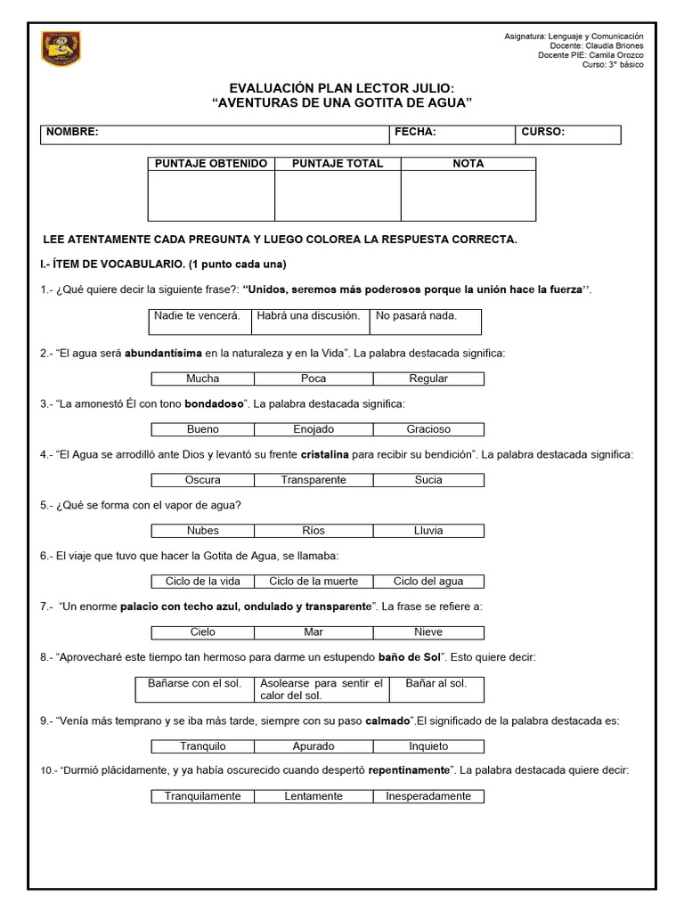 Evaluación Plan Lector Julio 3° | PDF