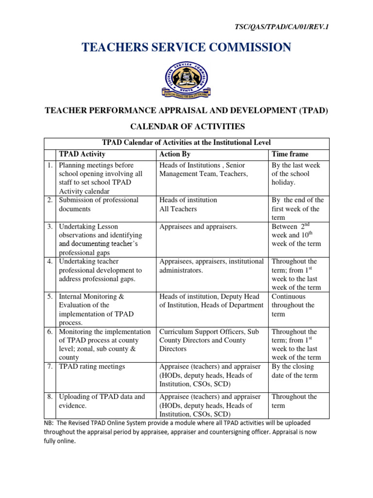 TPAD Calendar of Activities at The Institutional Level | PDF