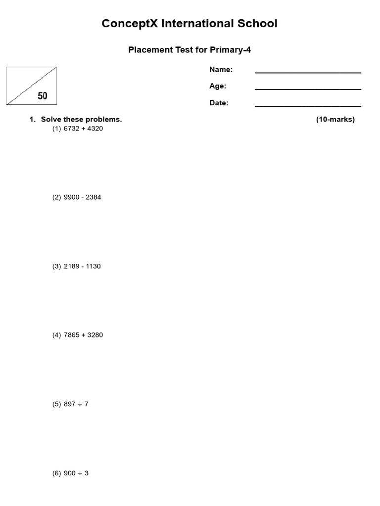 Primary 4 Maths Placement Test | PDF