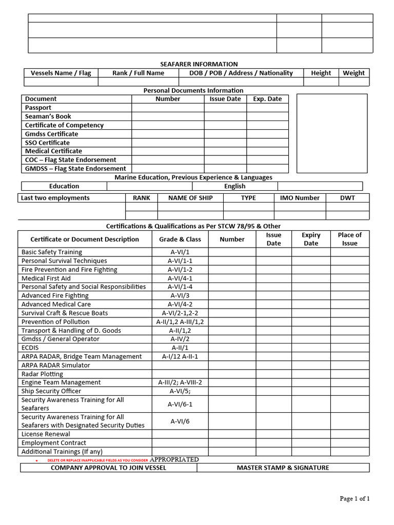 Seafarer Information and Certification Details | PDF | Sailor | Water ...