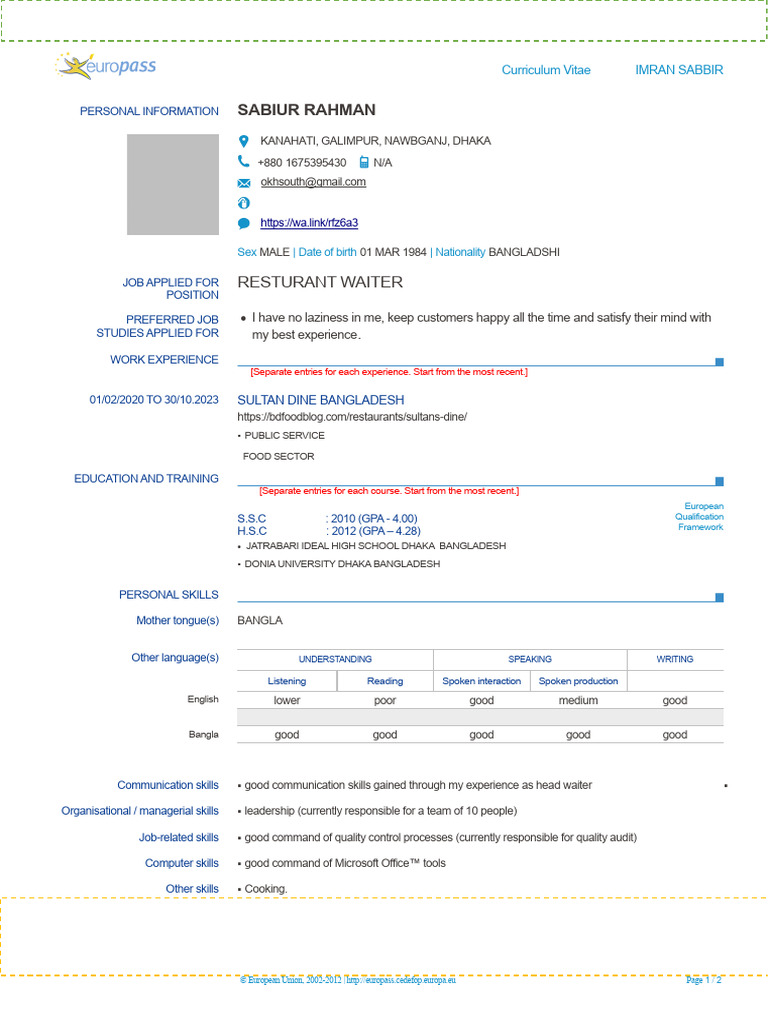 Europass CV Template IMRAN SABBIR | PDF | Restaurants | Menu